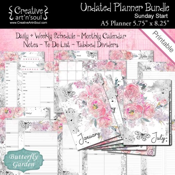 Butterfly Garden Printable Planner, Sunday Start - Creative ArtnSoul
