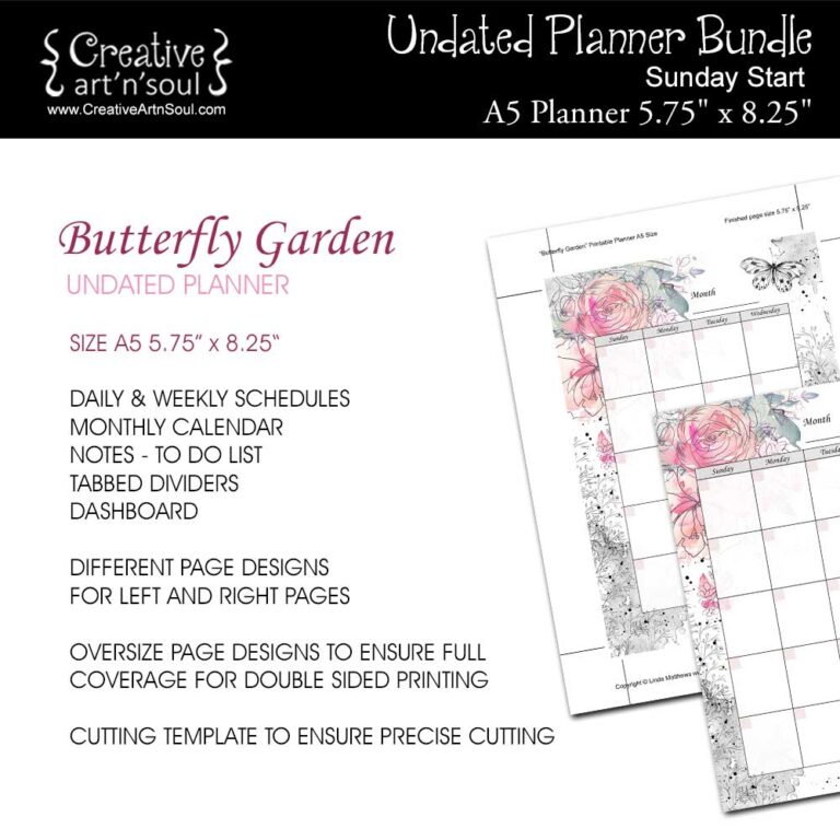 Butterfly Garden Printable Planner, Sunday Start - Creative ArtnSoul