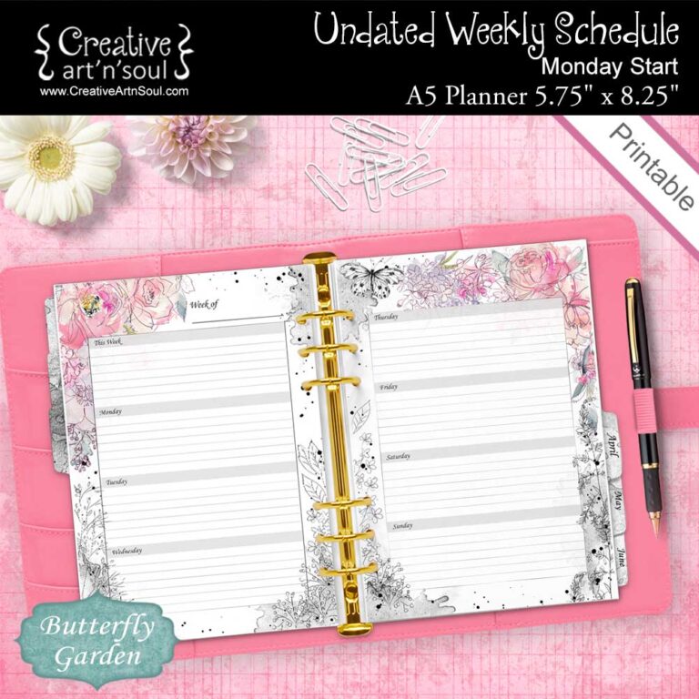 Butterfly Garden Printable Planner, Sunday Start - Creative ArtnSoul
