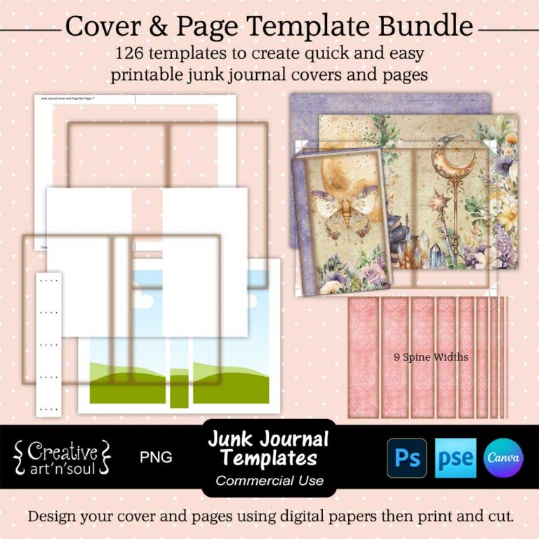 Printable Junk Journal Templates, Cover and Page Set Bundle 9 Spine ...