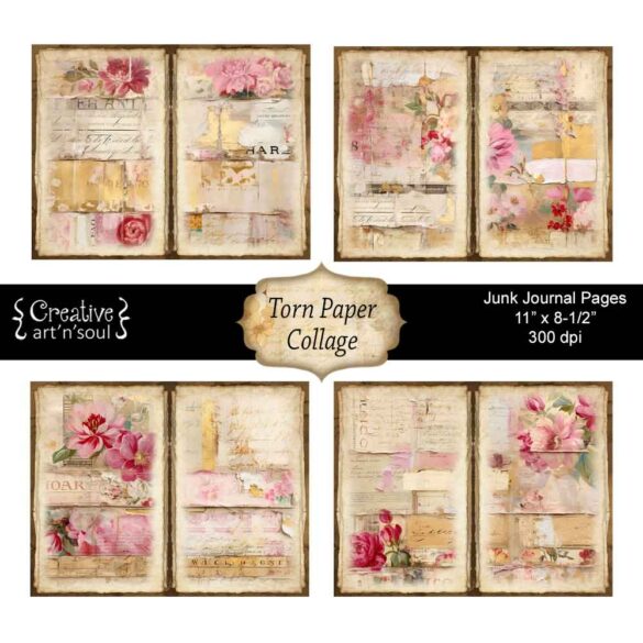 Printable Junk Journal Pages, Torn Paper Collage Pink - CreativeArtnSoul