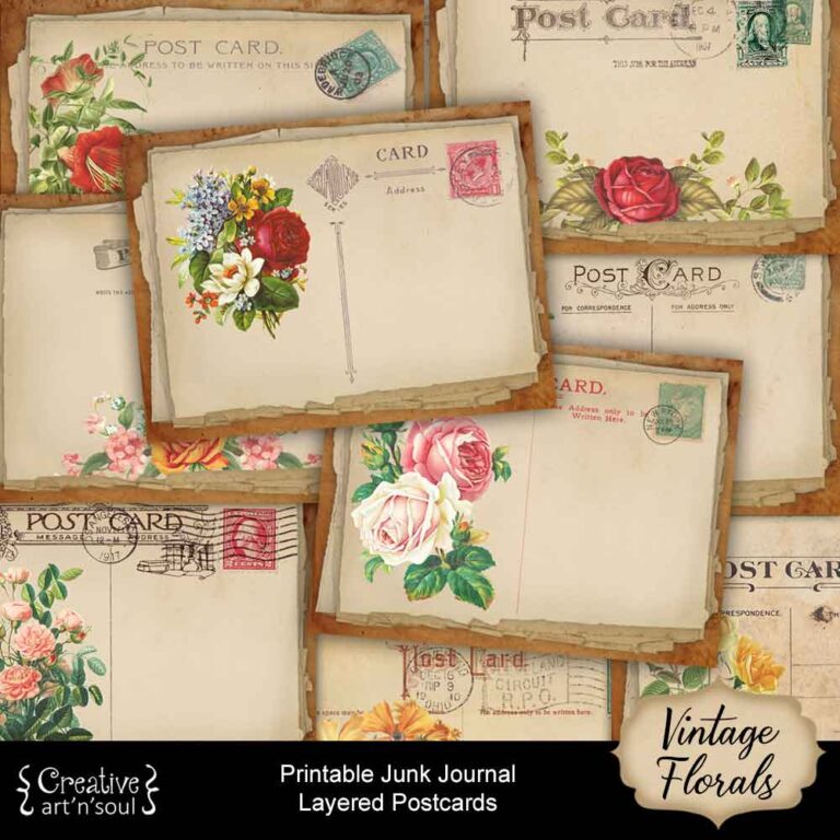 Printable Junk Journal Postcards, Vintage Florals - CreativeArtnSoul