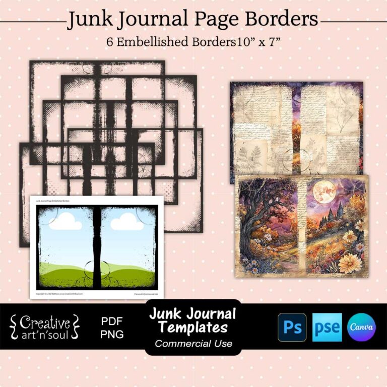 Junk Journal Templates, Embellished Page Borders 10″x7″ - CreativeArtnSoul